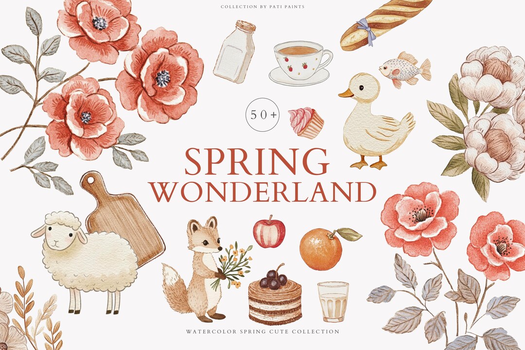 Watercolor Spring Clipart Collection - Cute Seamless Pattern - Digital ...