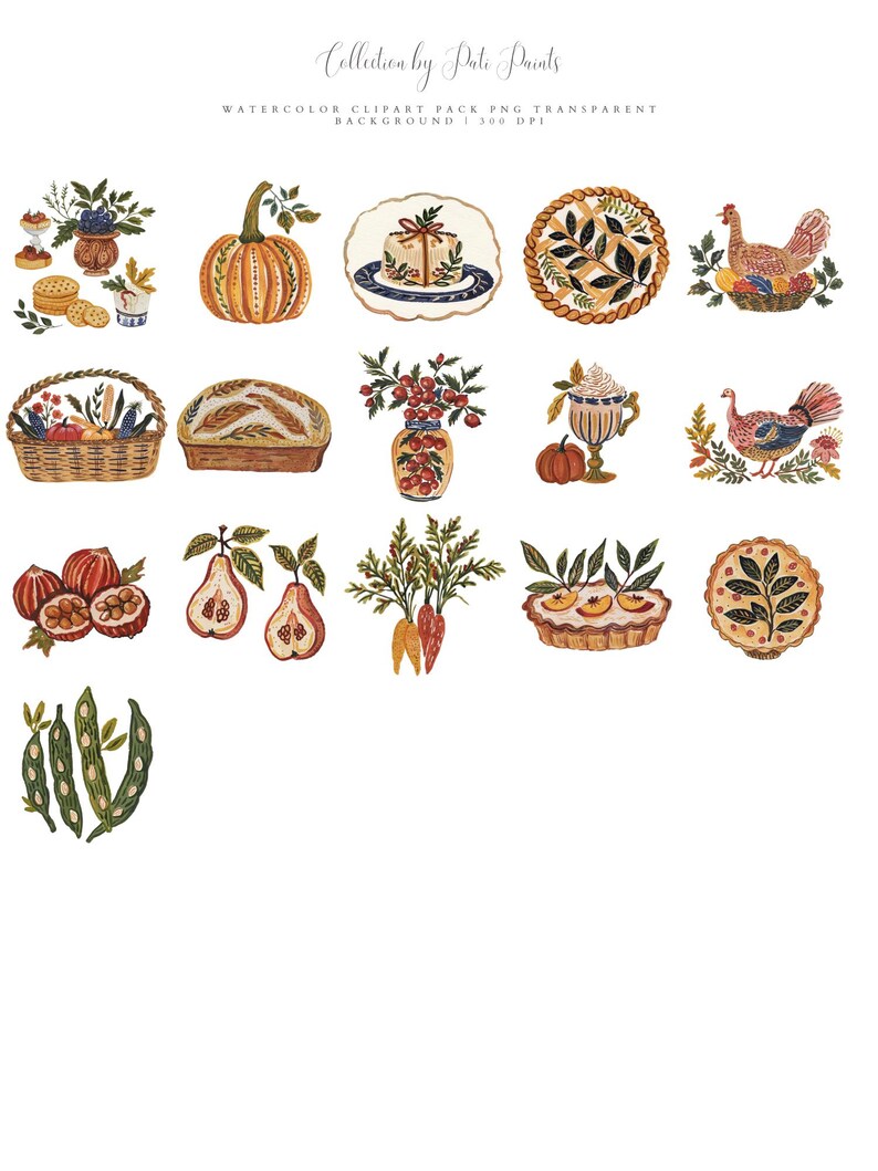 Watercolor Thanksgiving Food Clipart Set, Stuffed and Happy PNG ...