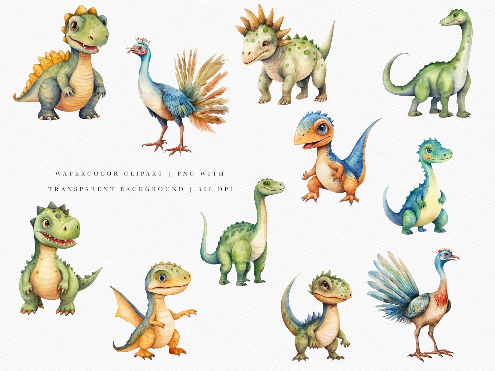Watercolor Dinosaur Clipart Bundle Cute Dinosaur Wall Art Dinosaur ...
