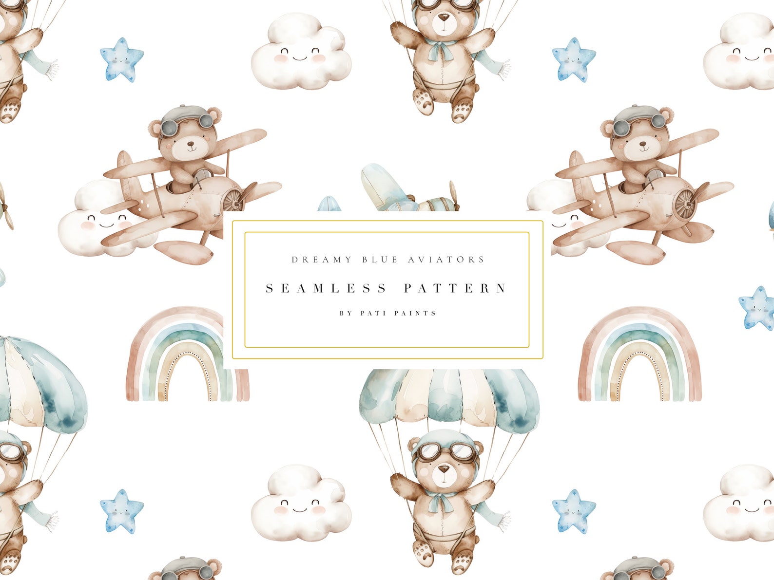 Watercolor Aviator Bear Digital Paper - Nursery Seamless Pattern - Sky ...