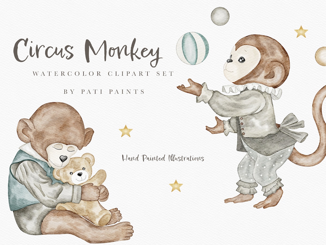 Circus Monkey Clipart Bundle - Watercolor Hand Painted - Digital Clipart - Nursery Baby Animals ...