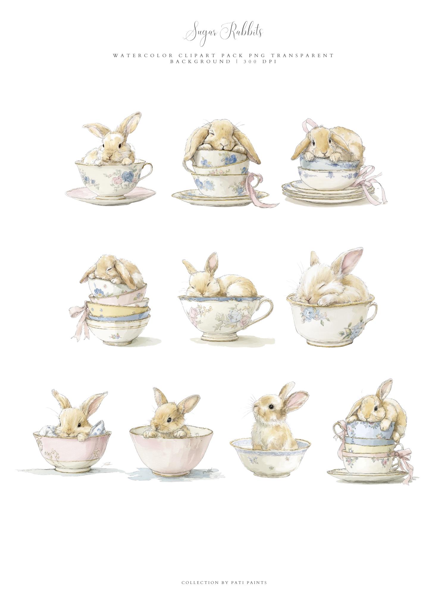 Watercolor Bunny Clipart Set, Cute Baby Rabbit Tea Cup 20, Pastel ...