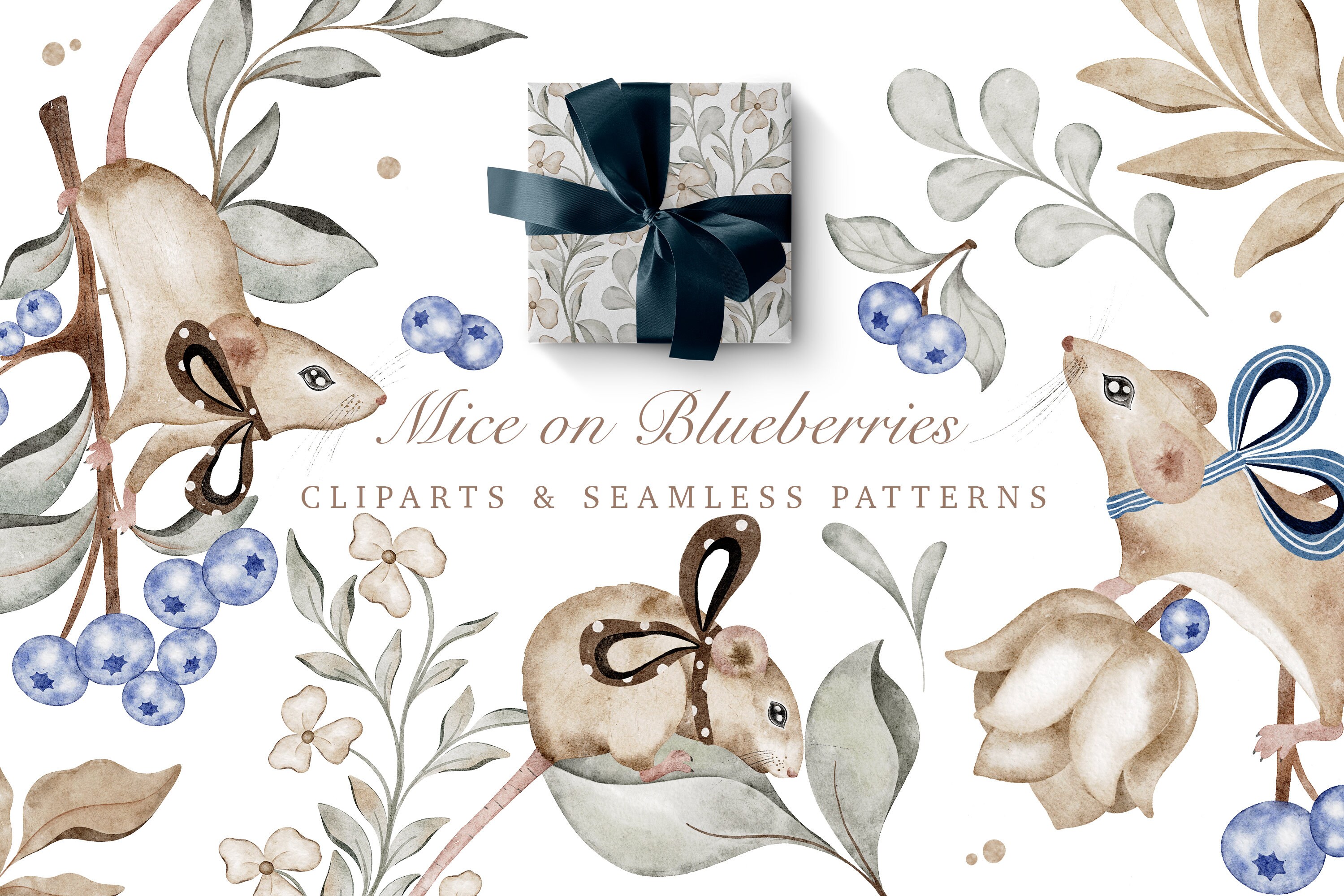Watercolor Mice Clipart Blueberry PNG Nursery Wallart Cute Animal ...
