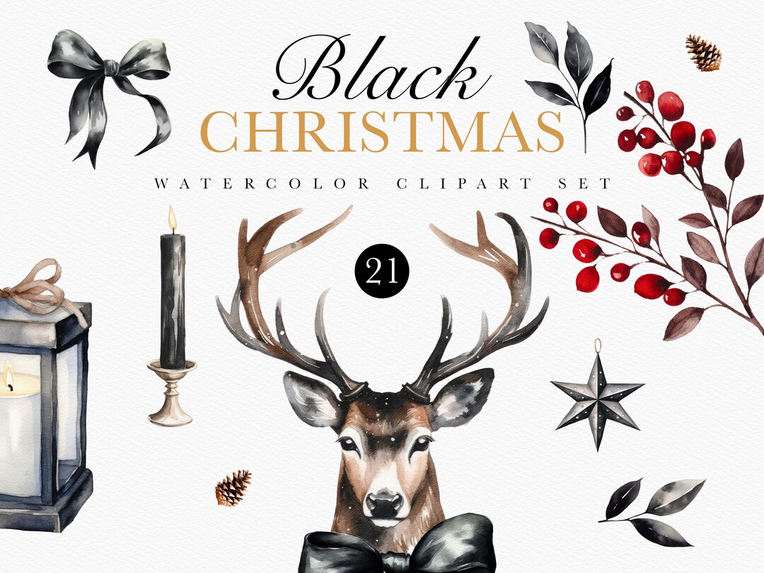 Black Christmas Clipart - Watercolor Digital Clipart - Modern Christmas ...