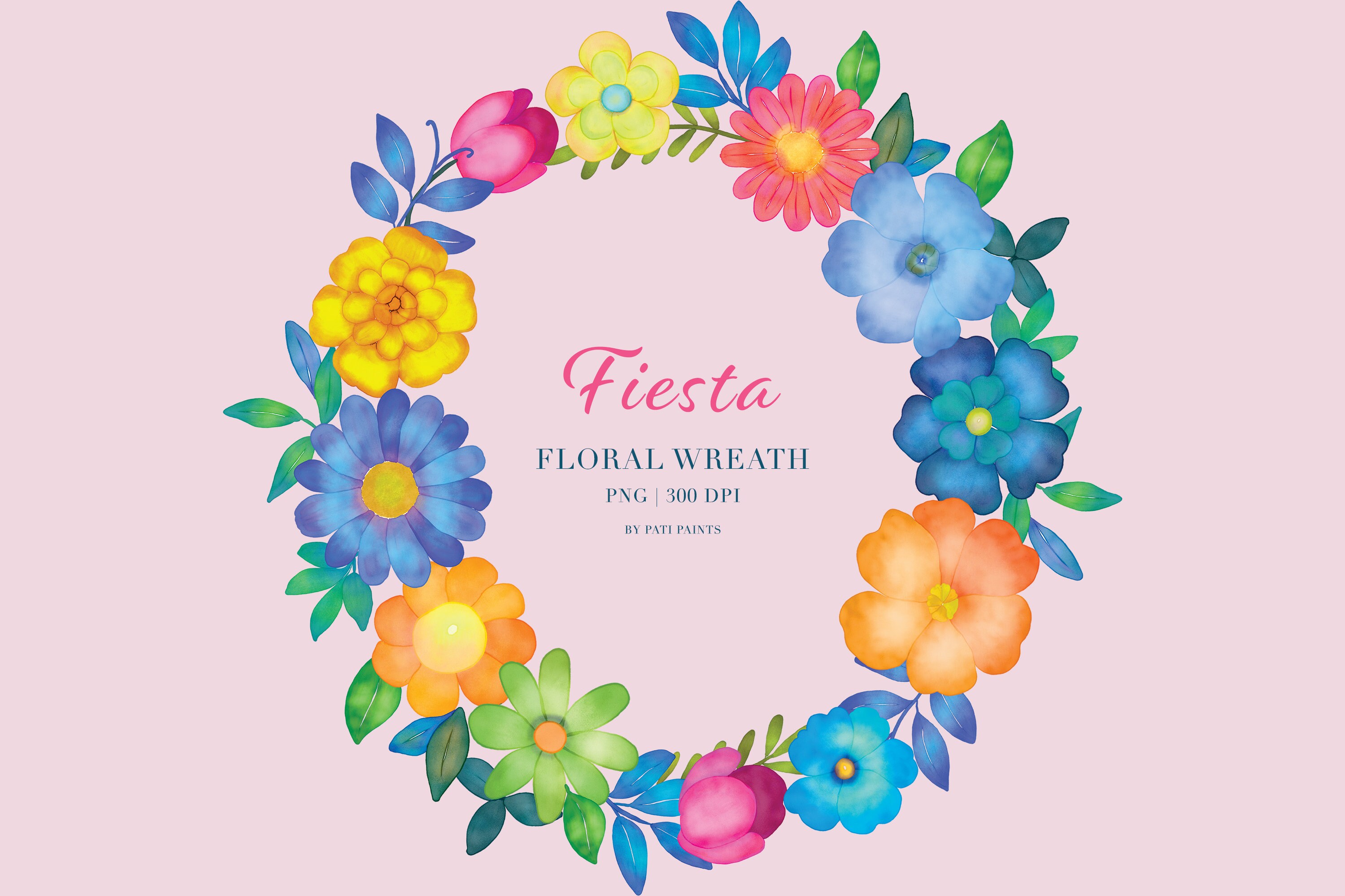 Fiesta Watercolor Wreath Colorful Floral Fiesta Wreath Clipart Hand ...