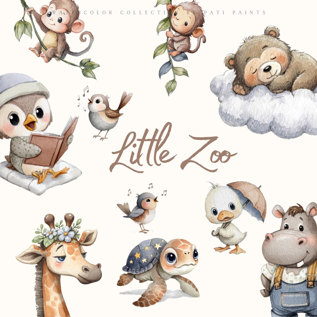 Zoo Animals Clipart Bundle, Cute Watercolor Baby Animals PNG, Nursery ...