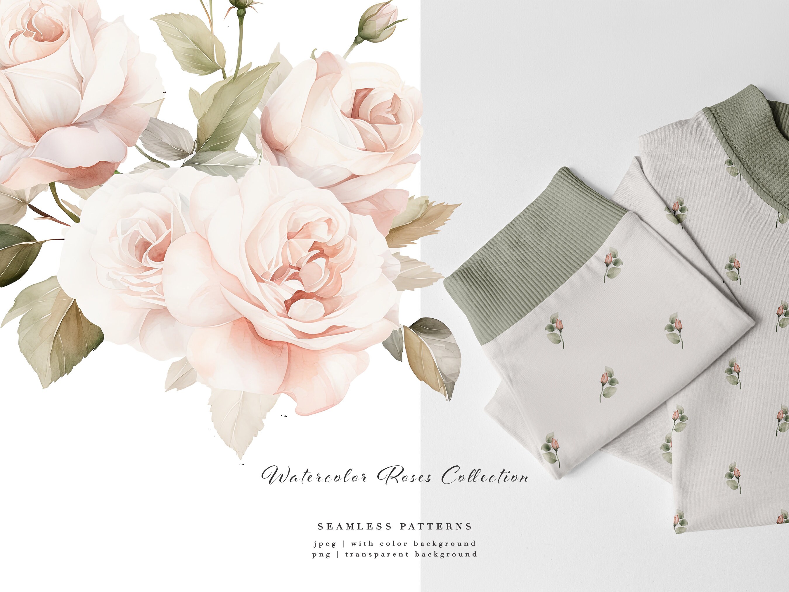 Watercolor Soft Roses Digital Paper Set Floral Seamless Pattern Wedding ...