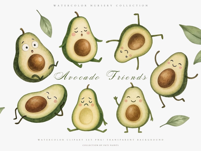 Cute Avocado Clipart Bundle, Kawaii Avocado PNG With Emotions and Poses ...