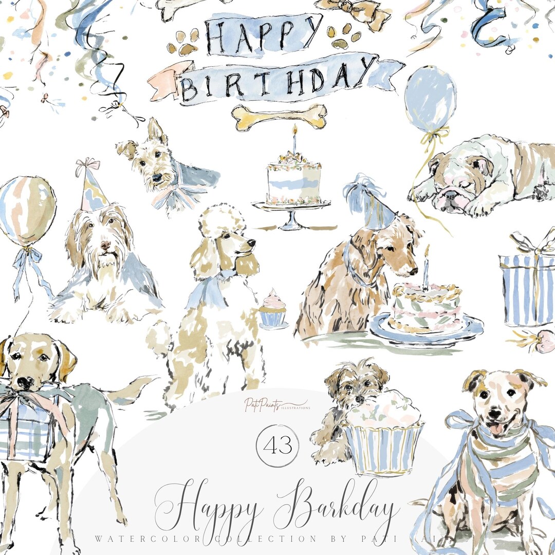 Watercolor Dog Birthday Clipart Set, Happy Barkday Party PNG Bundle ...