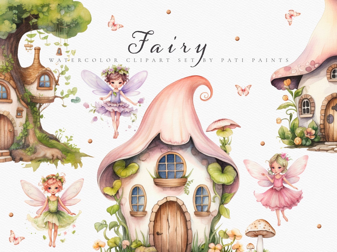 Pink Fairy Clipart - Watercolor Fairy House Clipart - Butterfly Clipart ...