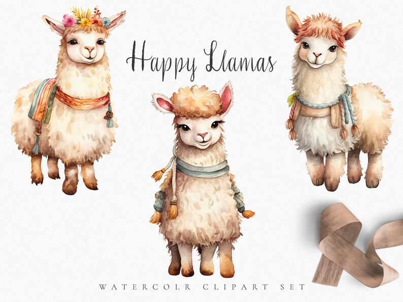 Happy Llama Watercolor Clipart Set for Baby Shower Invite - Kid Digital ...