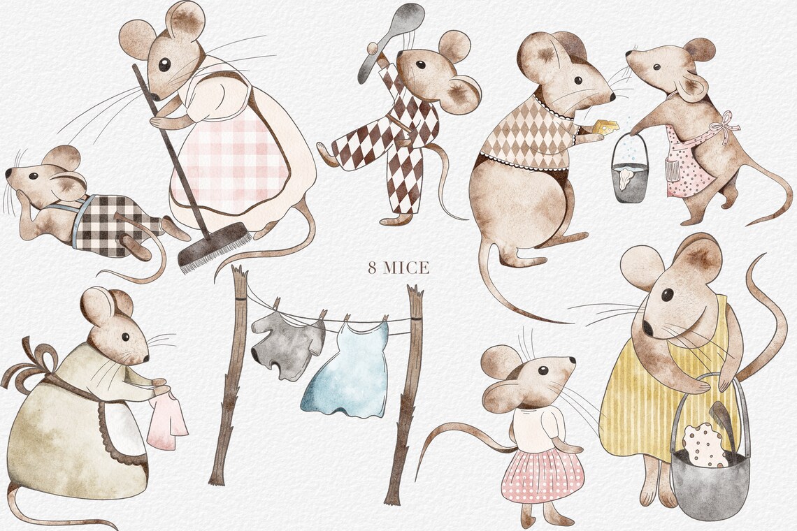 Spring Cleaning Mice Watercolor Cute Mouse Clipart - Etsy