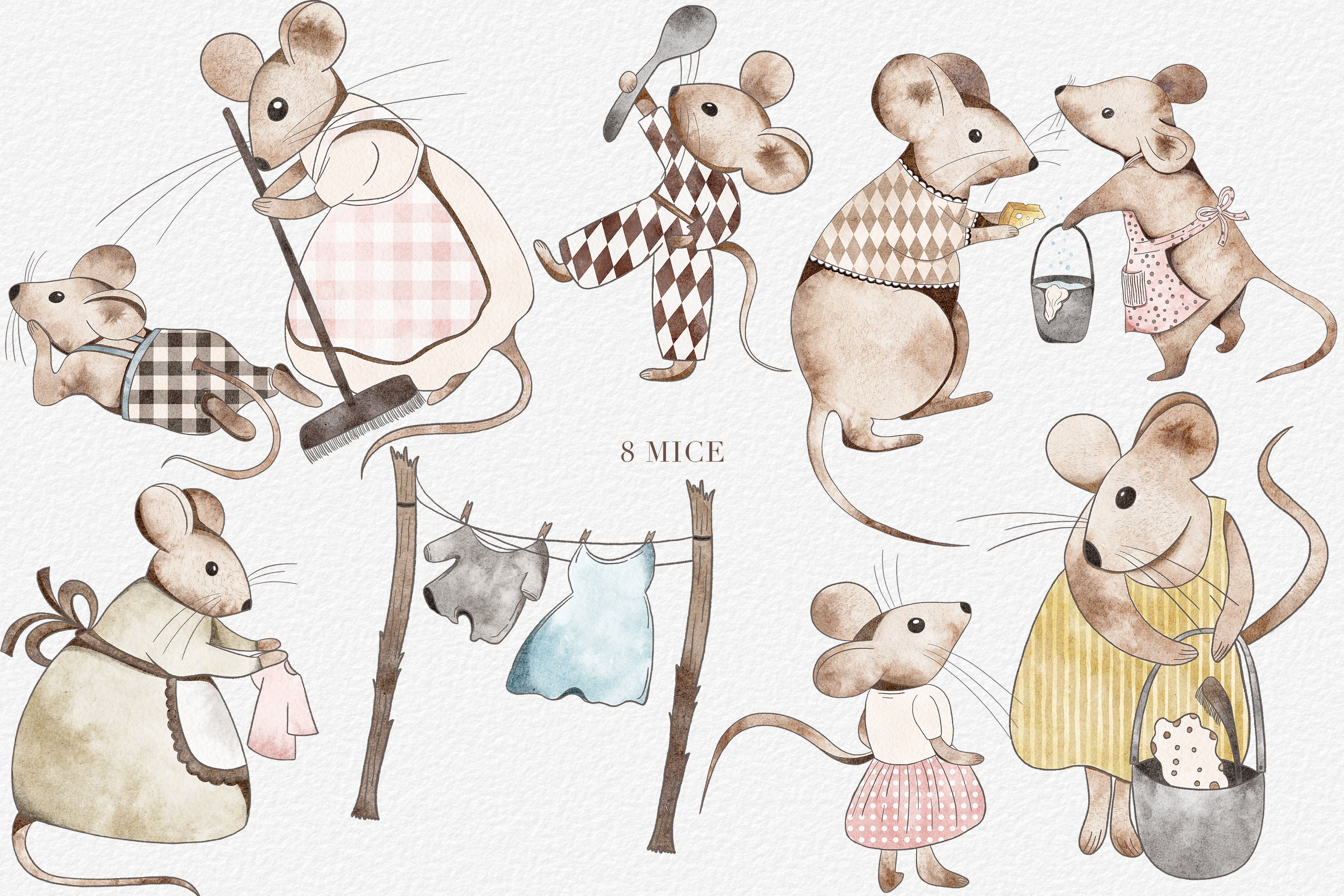Spring Cleaning Mice Watercolor Cute Mouse Clipart - Etsy