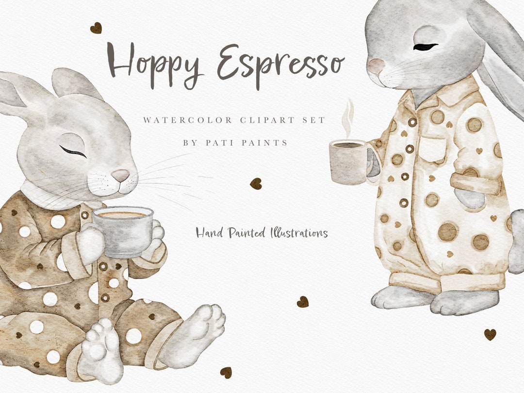 Watercolour Bunny With Coffee Clipart - Hand Painted Illustration ...