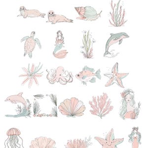 Pastel Mermaid Hand Drawn Doodles Clipart Set, Calm Ocean Pngs, Under ...