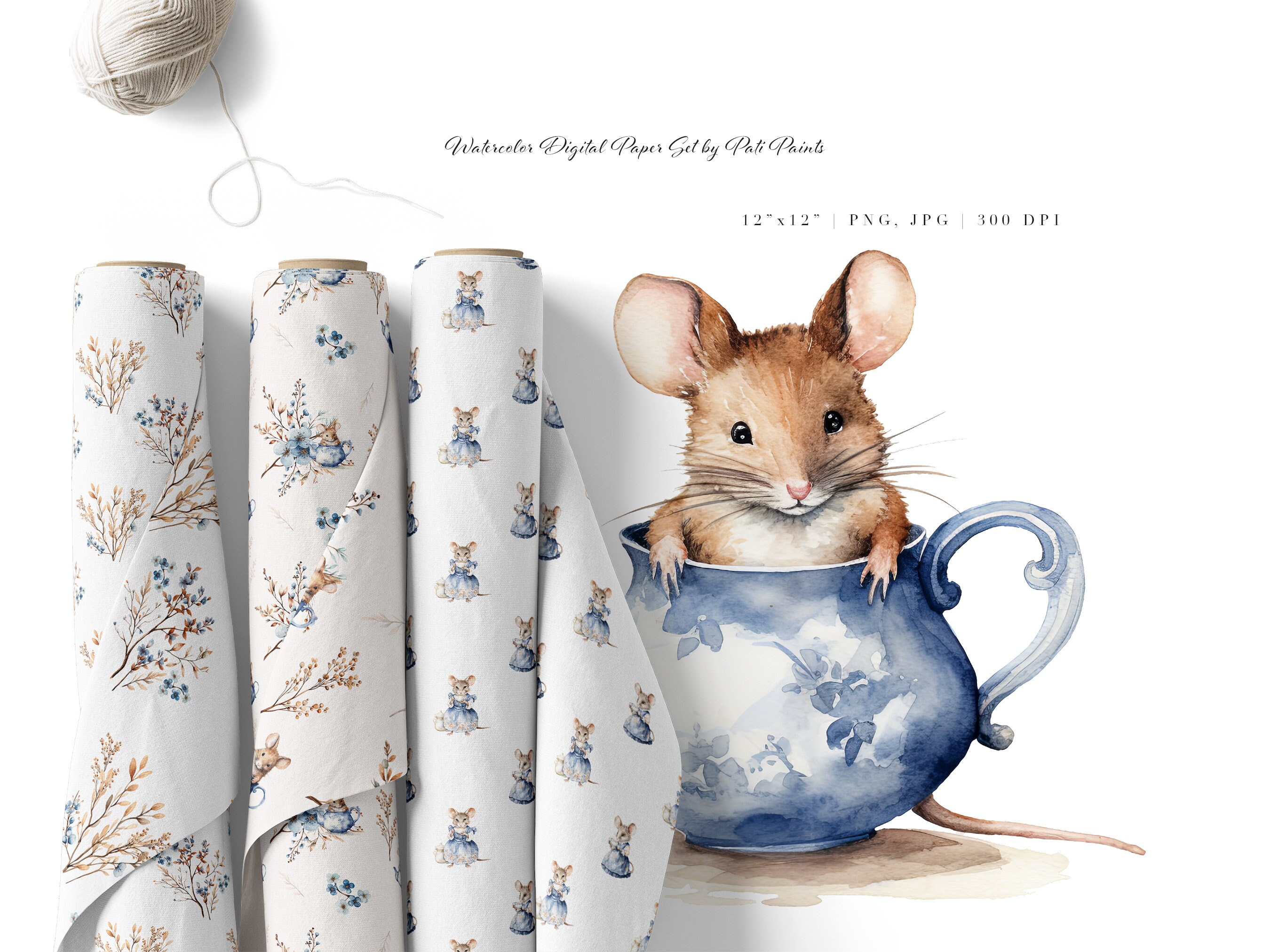Watercolor Mice Digital Paper Nursery Seamless Pattern for Baby Shower ...