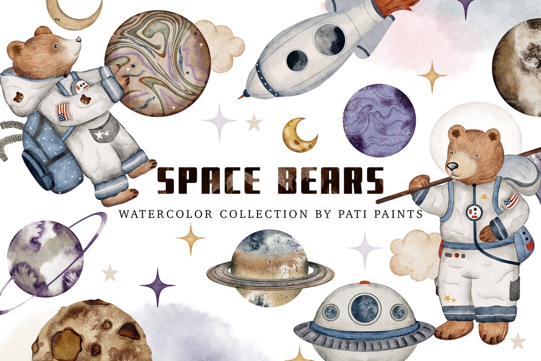 Watercolor Astronaut Cute Bear Digital Clipart for Commercial Use ...