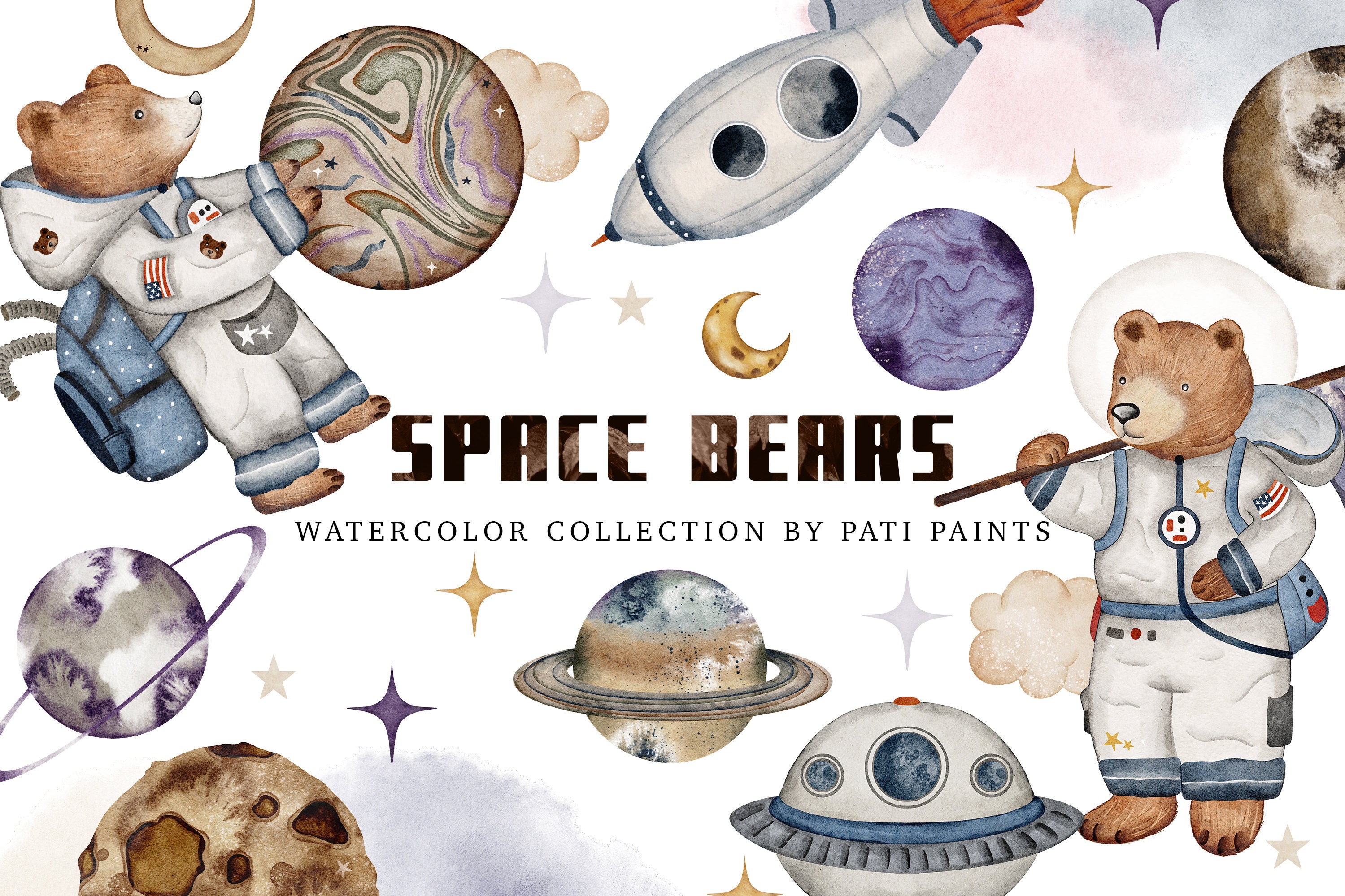 Watercolor Astronaut Cute Bear Digital Clipart for Commercial Use ...