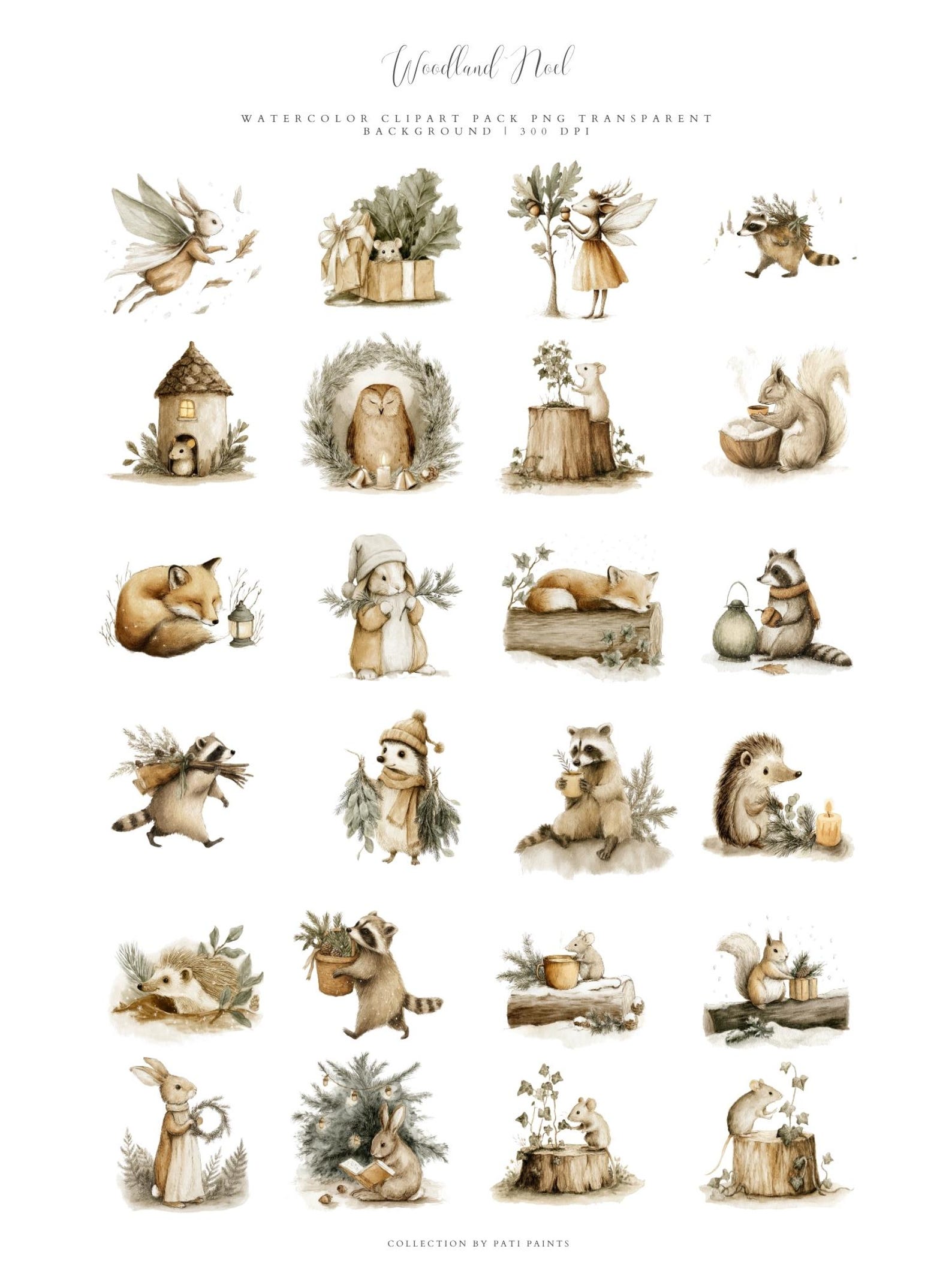 64 Woodland Christmas Clipart PNG, Watercolor Fox Squirrel Hedgehog ...