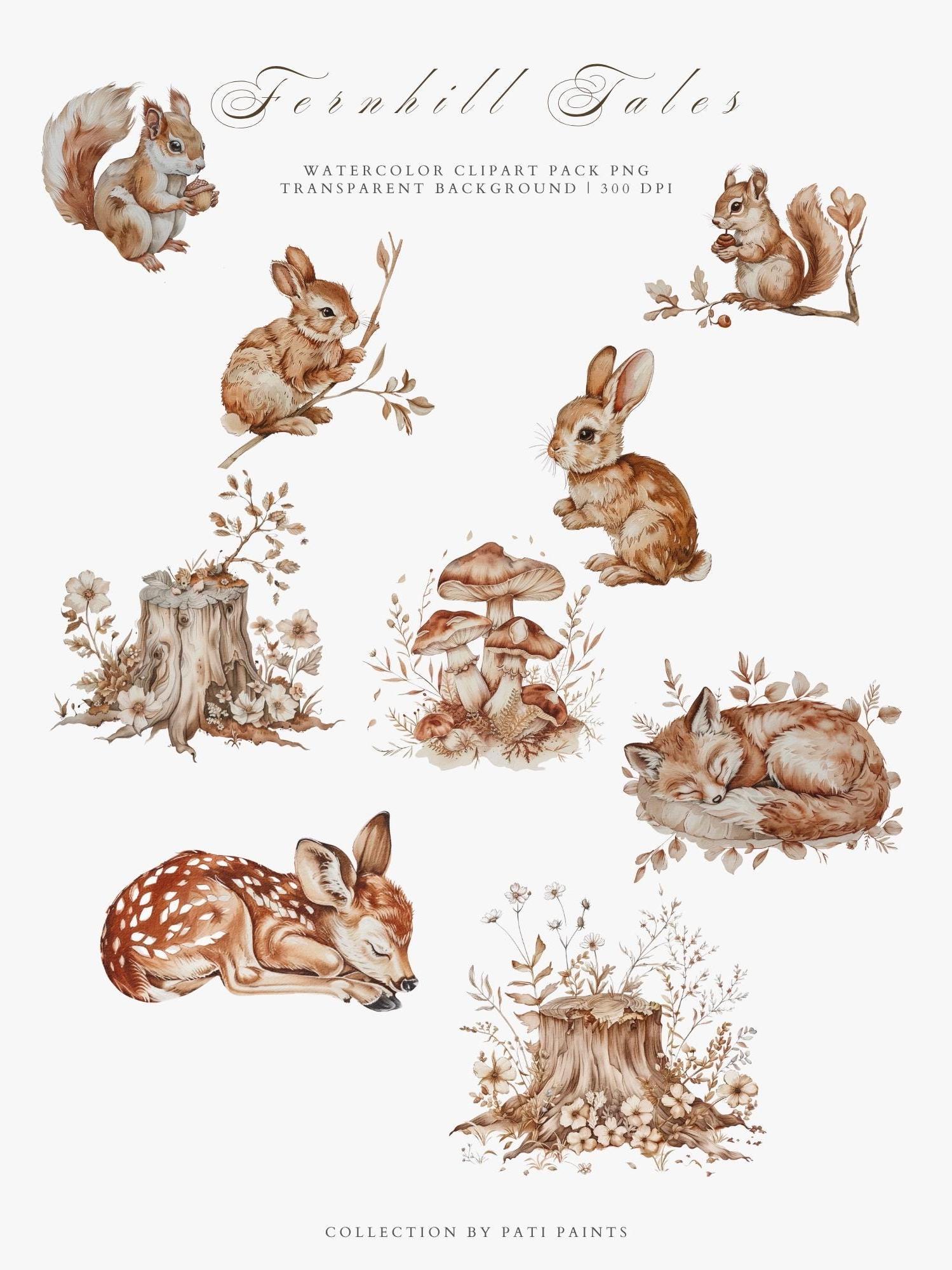 Woodland Animal Clipart Set - Watercolor Baby Deer, Fox, Bunny, Bear ...