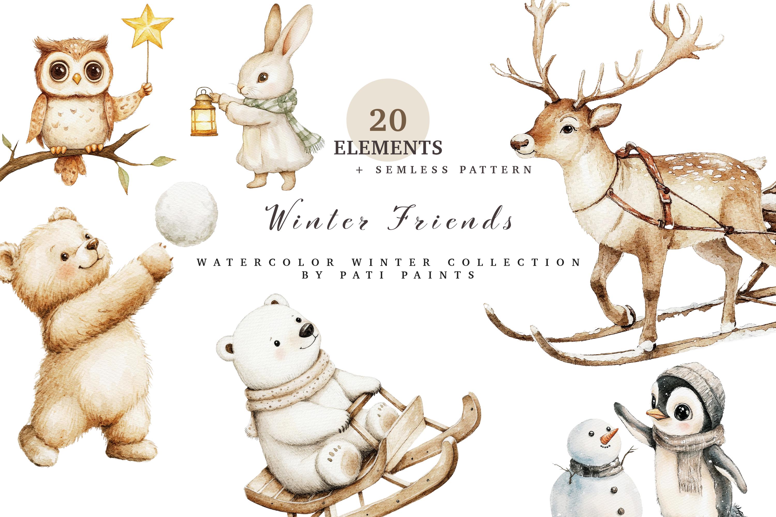 Winter Friends Clipart Set - Digital Background - Watercolor Seamless ...