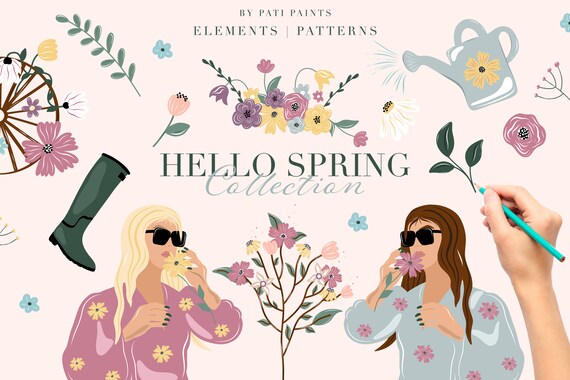 Hello Spring Clipart PNG Spring Wildflowers Vector Graphic - Etsy