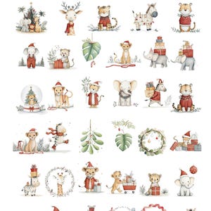 Watercolor Safari Christmas Clipart PNG Set, Cute Holiday Animals With ...