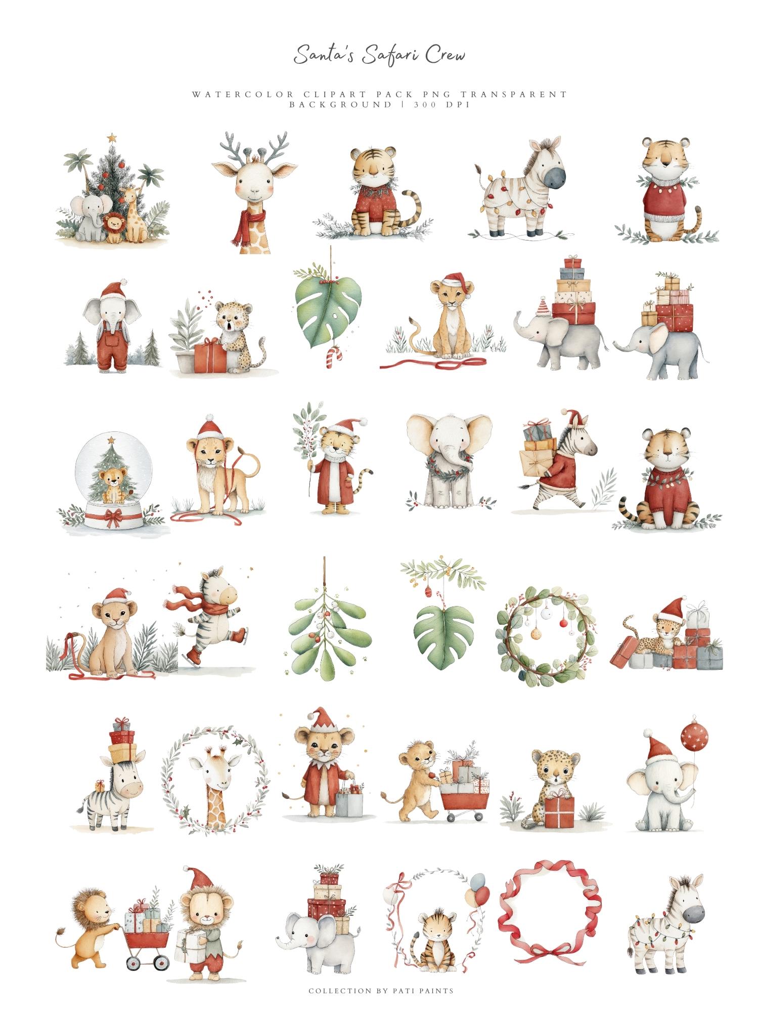 Watercolor Safari Christmas Clipart PNG Set, Cute Holiday Animals With ...