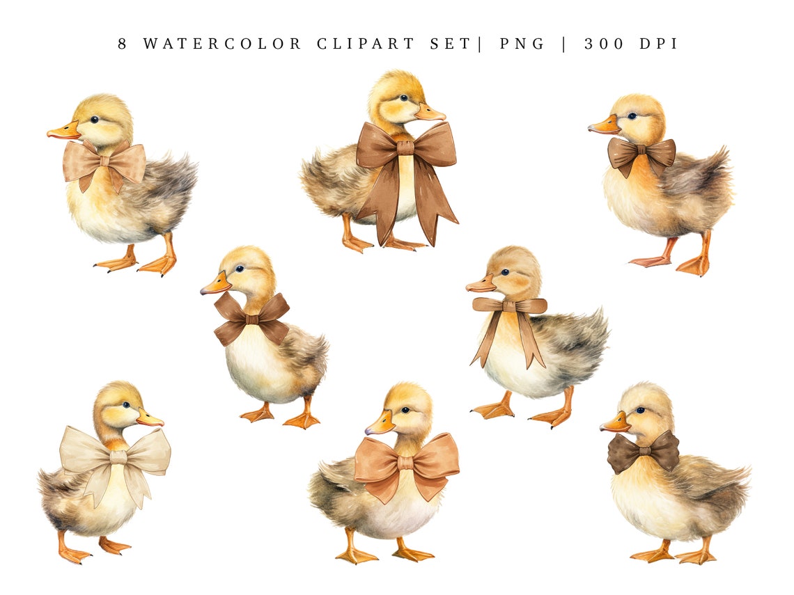Watercolor Ducklings Clipart Watercolor Baby Ducks in Bows Retro Animal ...