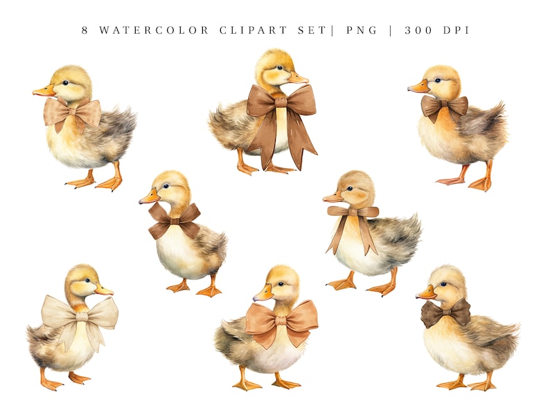 Watercolor Ducklings Clipart - Watercolor Baby Ducks in Bows - Retro ...