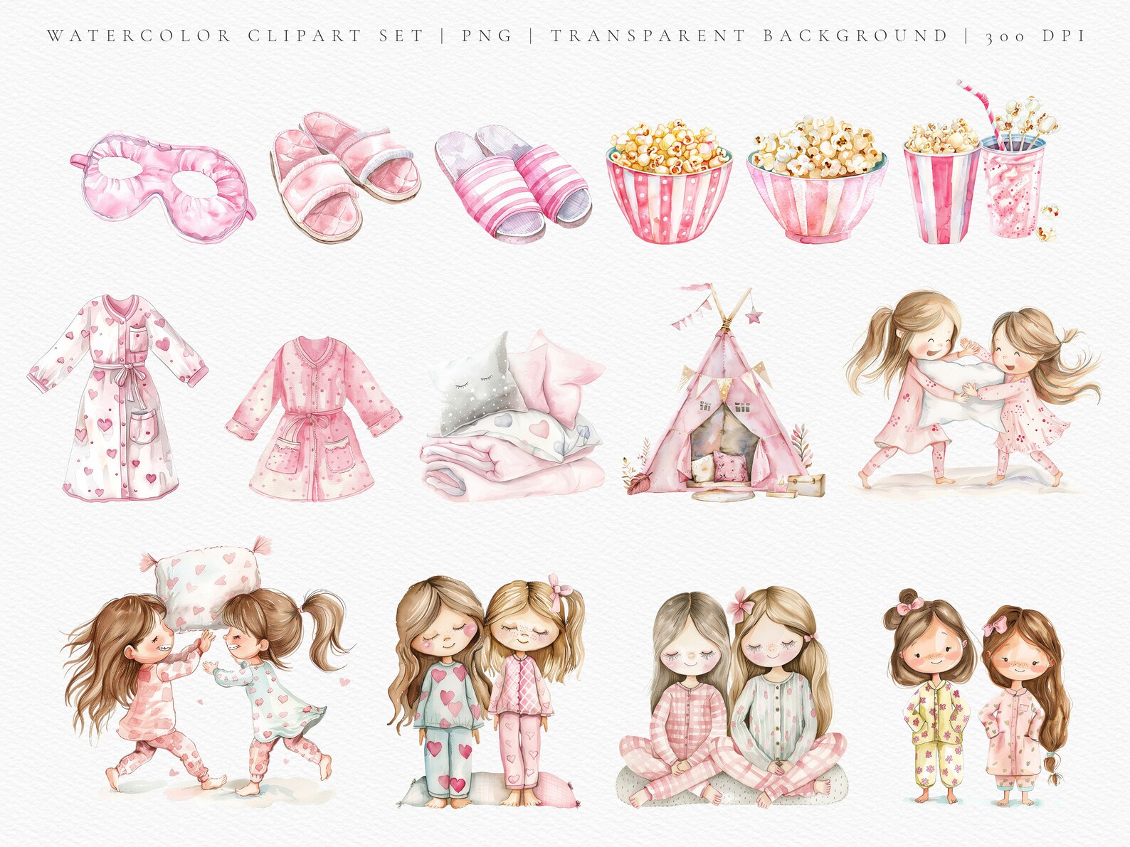 Pink Pajama Party Clipart Pack - Nursery Clipart for Girl - Watercolor ...