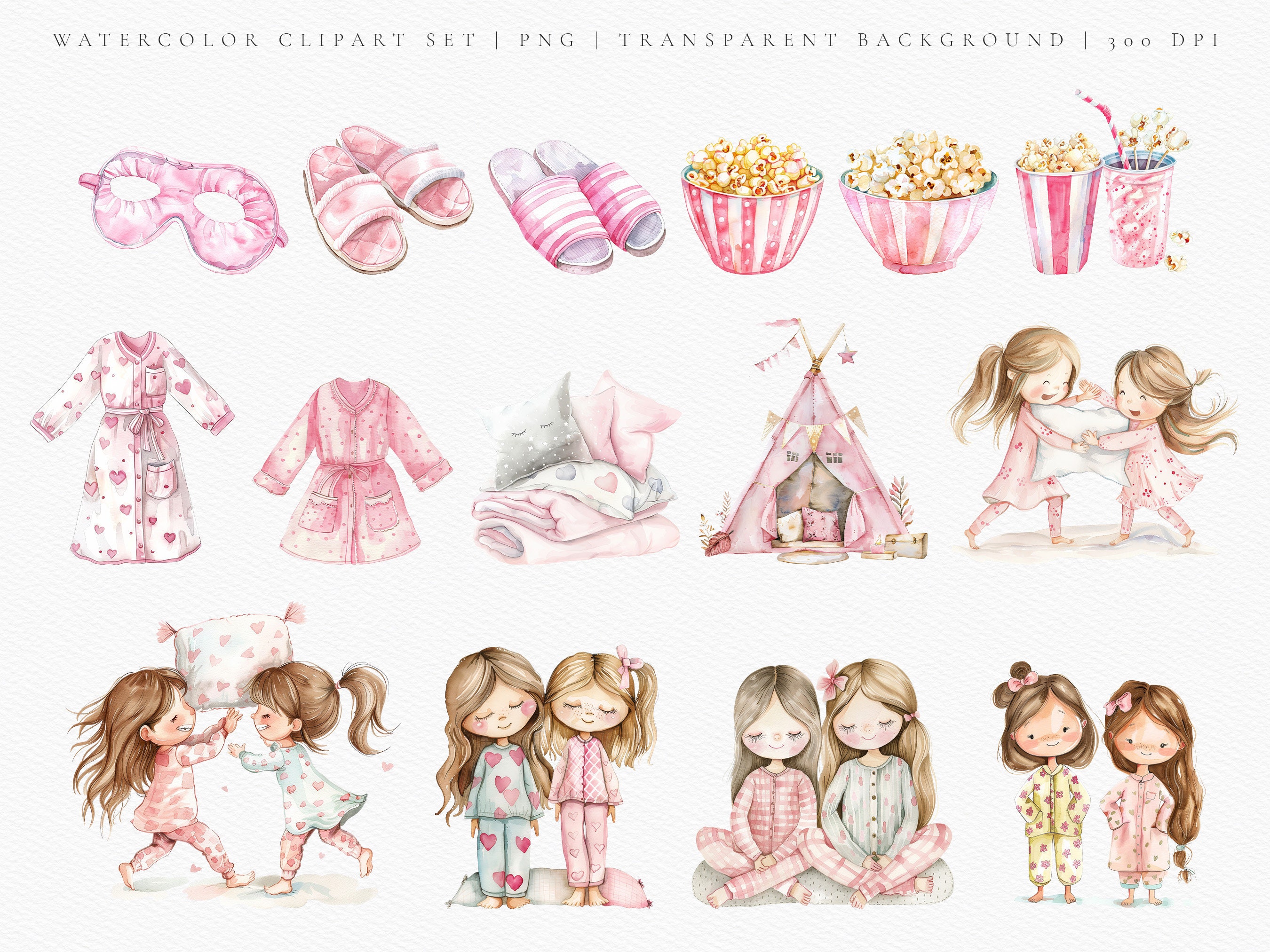 Pink Pajama Party Clipart Pack Nursery Clipart for Girl Watercolor ...