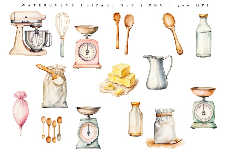 Baking Supplies Clipart Bundle Watercolor Baking Clipart Cooking Logo ...