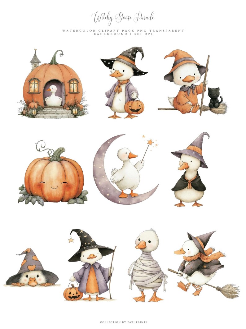 Witchy Goose Parade Halloween Clipart Set, 20 PNG Transparent Files ...