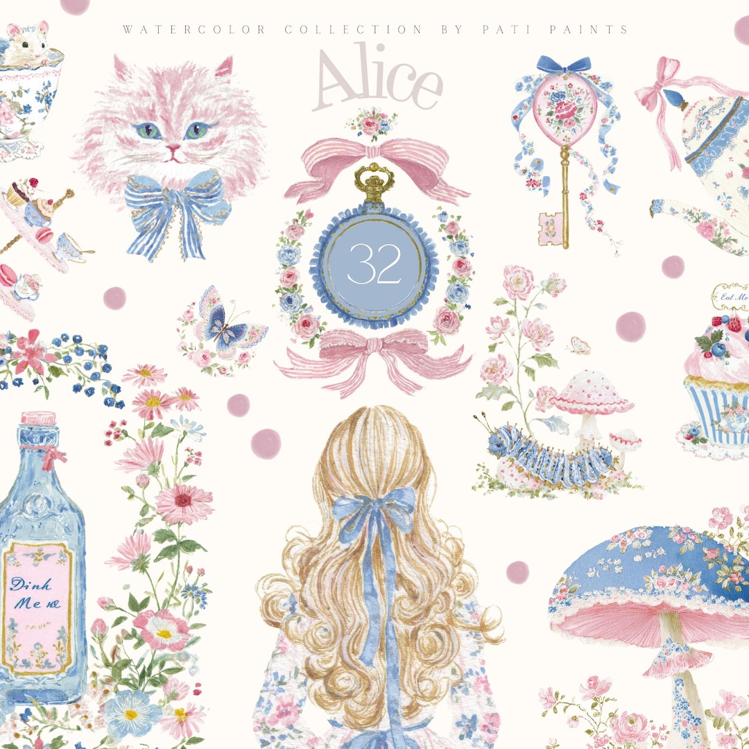Watercolor Alice in Wonderland Clipart Set PNG Transparent Background ...