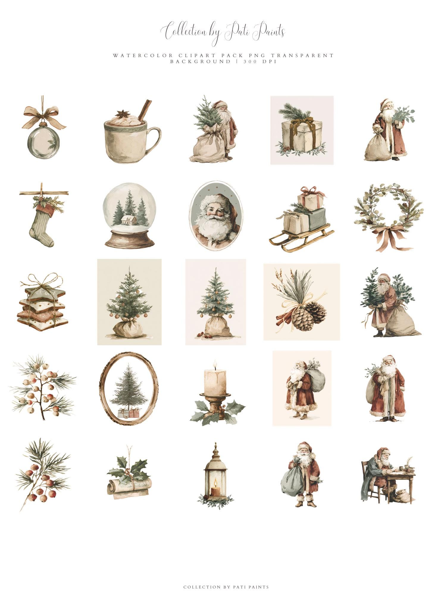 Watercolor Red Retro Christmas Clipart, Vintage Watercolor Xmas PNG ...