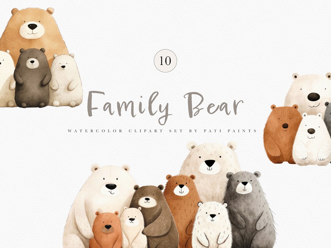 Family Bear Clipart Bundle - Watercolor Nursery Bear Clipart - Card ...