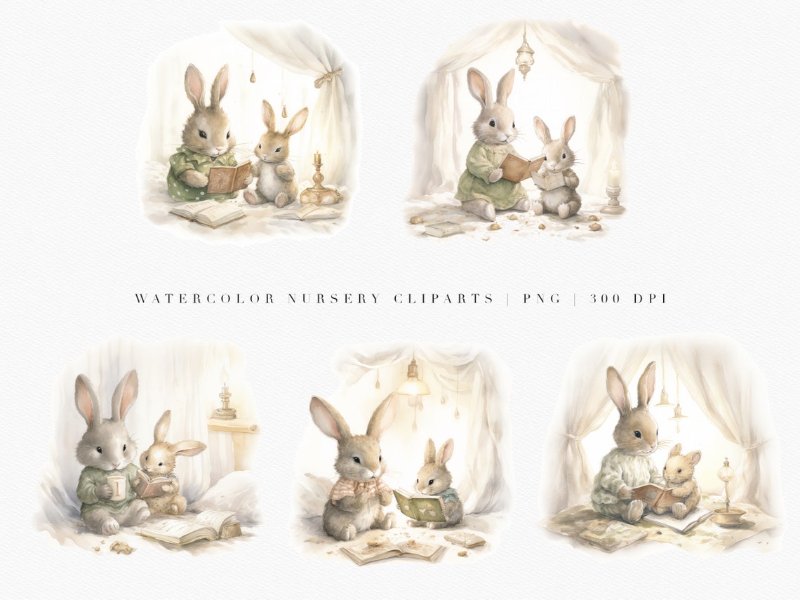 Watercolor Soft Nursery Rabbits Clipart Delicate Watercolor - Etsy