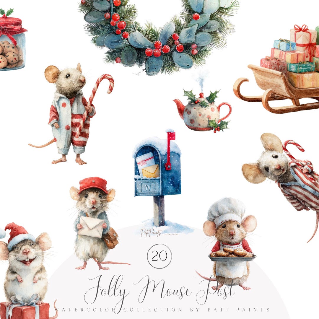 Watercolor Christmas Mice Clipart, Santa’s Tiny Helpers PNG Set, Cute ...