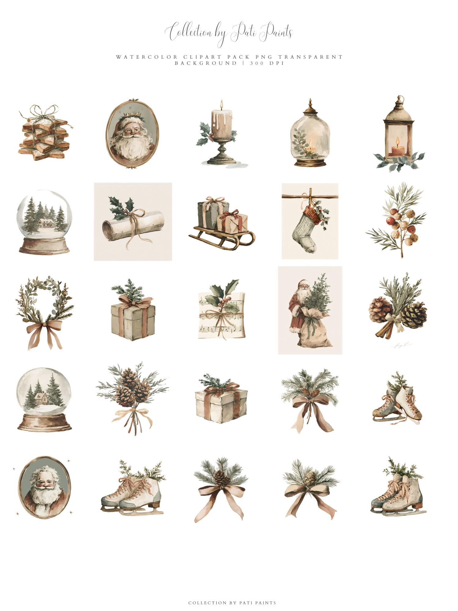 Watercolor Red Retro Christmas Clipart, Vintage Watercolor Xmas PNG ...