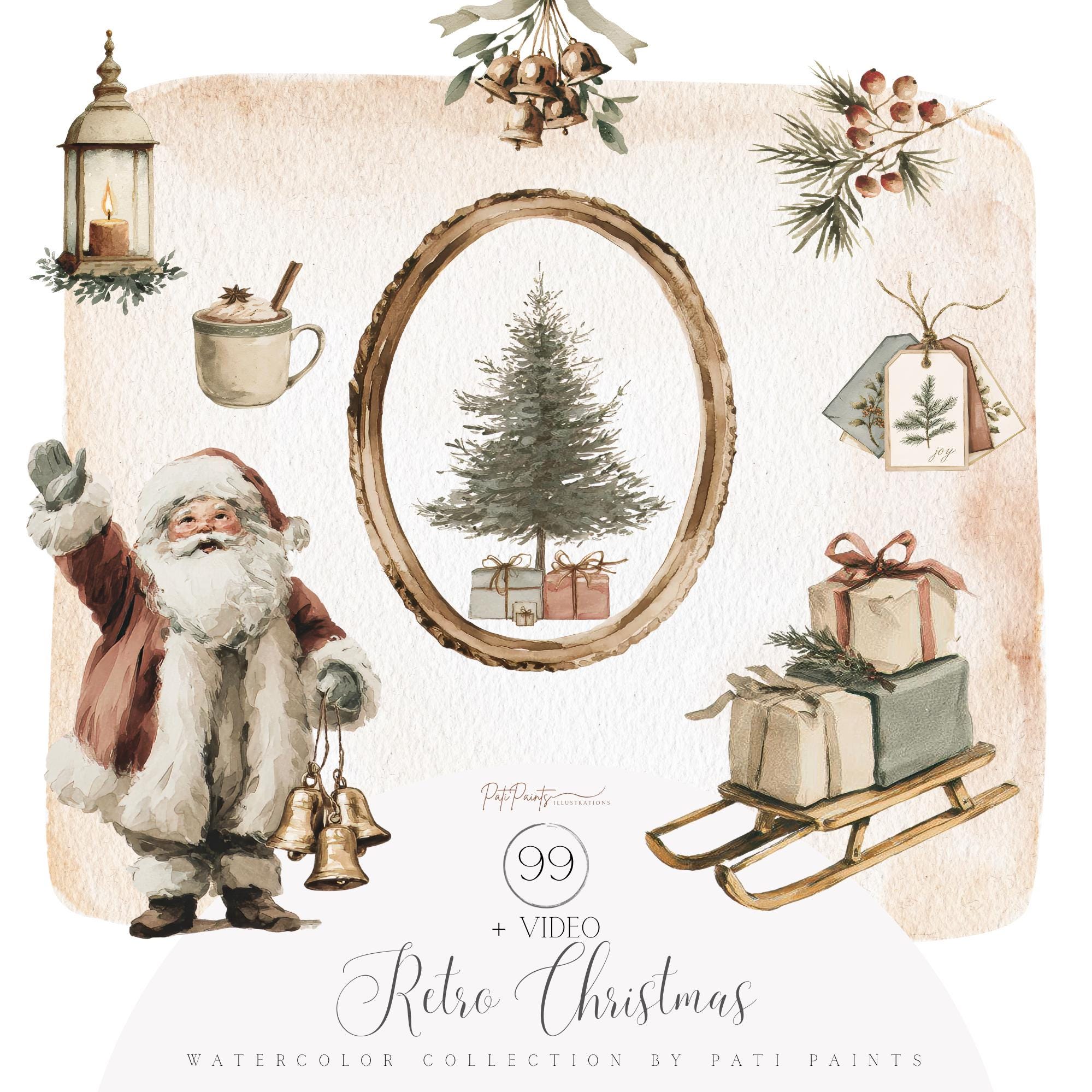Watercolor Red Retro Christmas Clipart, Vintage Watercolor Xmas PNG ...