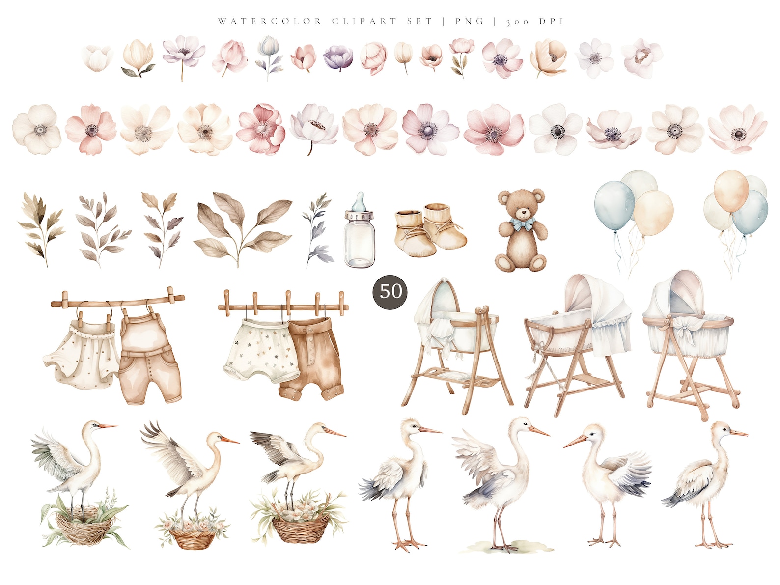 Watercolor Newborn Clipart Floral Frame Stork Carrying Baby Watercolor ...