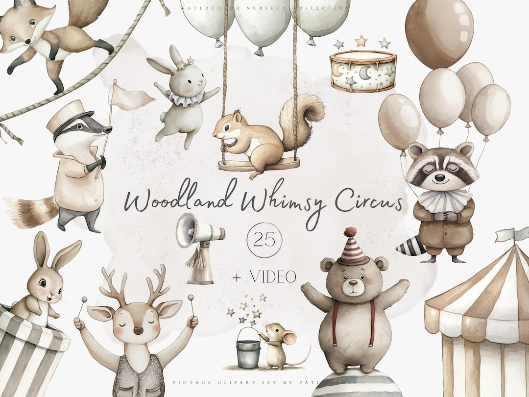 Woodland Circus Animals Clipart, Watercolor Forest Creatures PNG, Cute ...