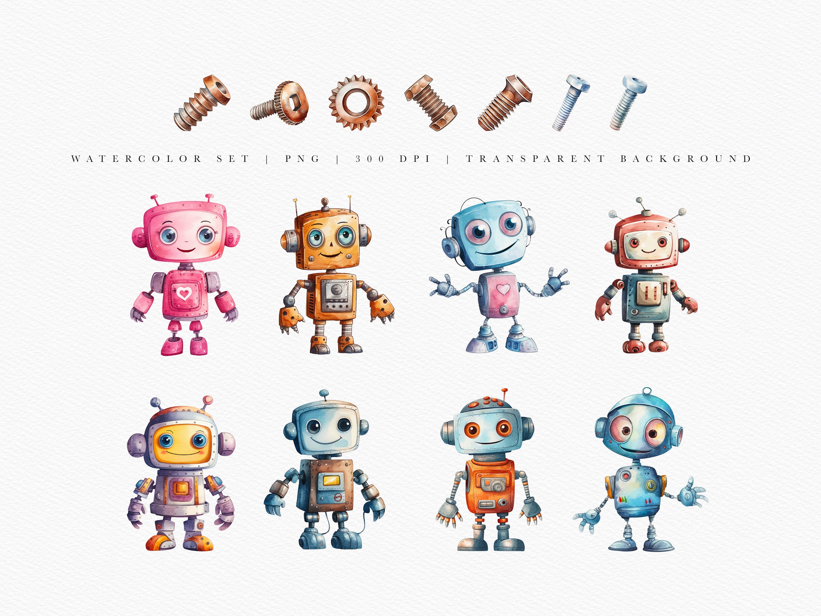 Watercolor Robots Clipart Bundle Children Printables Scrapbook Clipart ...