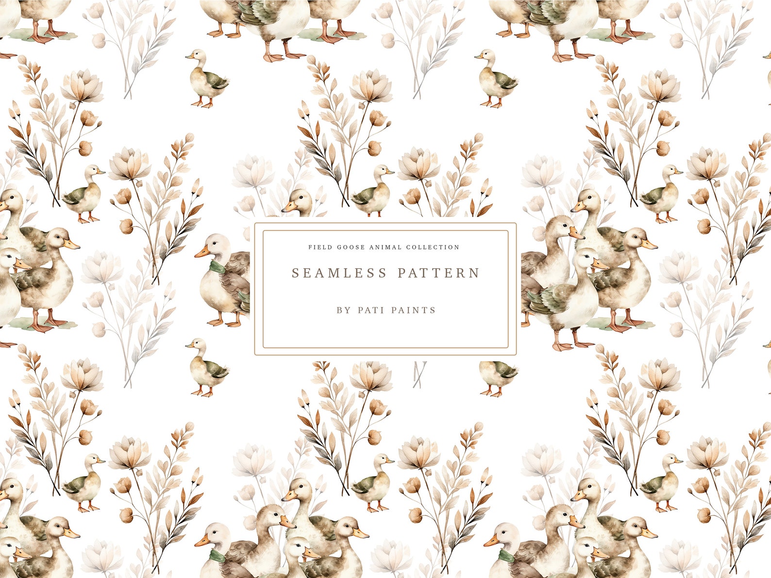 Watercolor Floral Field Goose Digital Paper, Wildflower Seamless ...