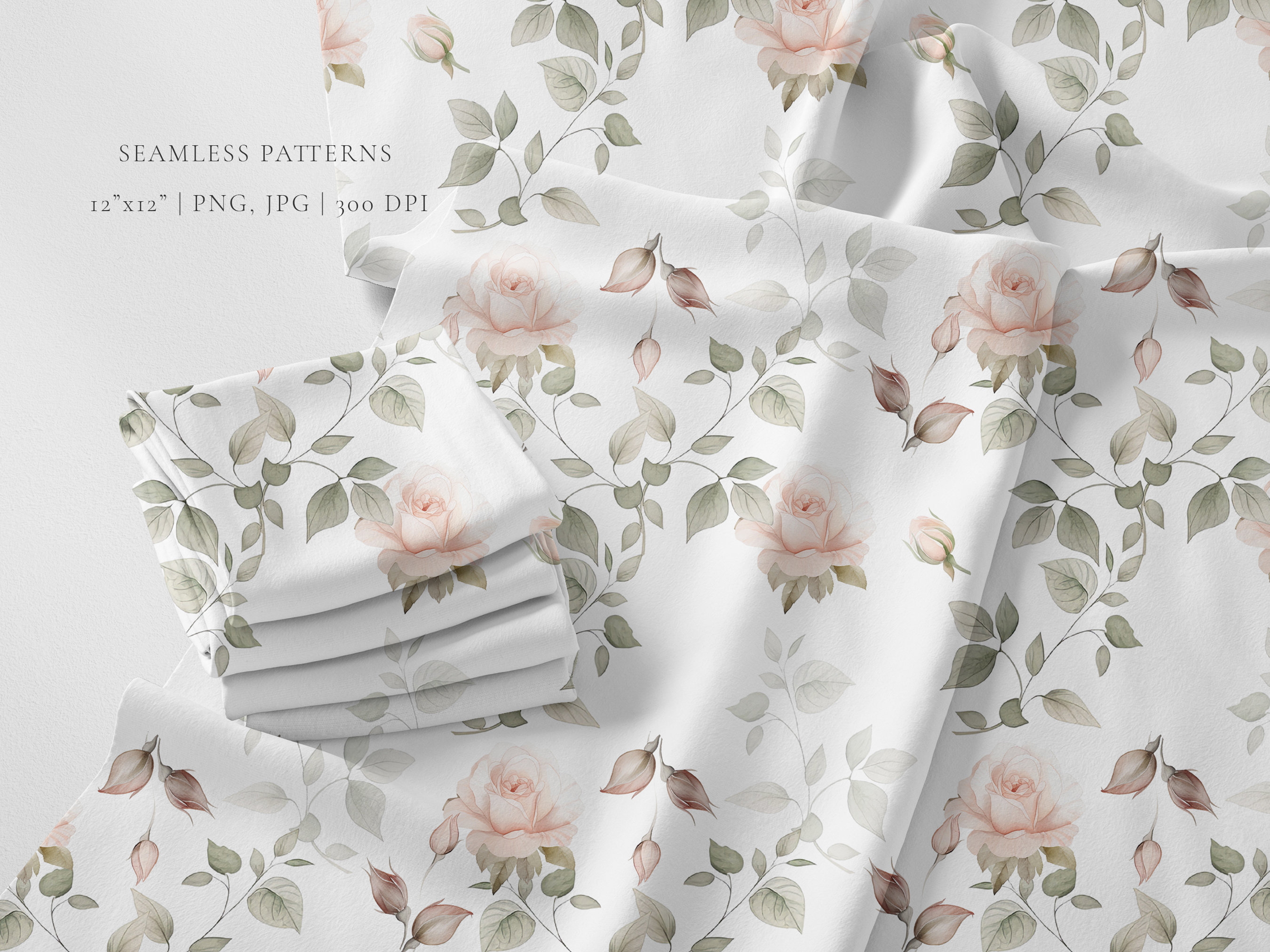 Watercolor Soft Roses Digital Paper Set Floral Seamless Pattern Wedding ...