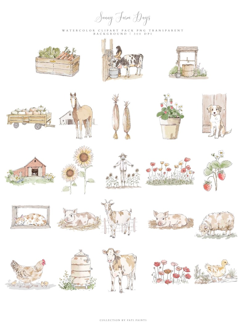 Watercolor Farm Clipart Bundle - Cute Farm Animals PNG - Transparent ...