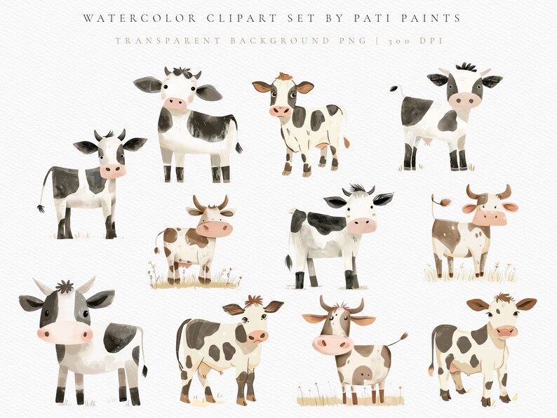 Watercolor Cow Clipart Bundle Nursery Farm Animal Clipart Nursery Wall ...