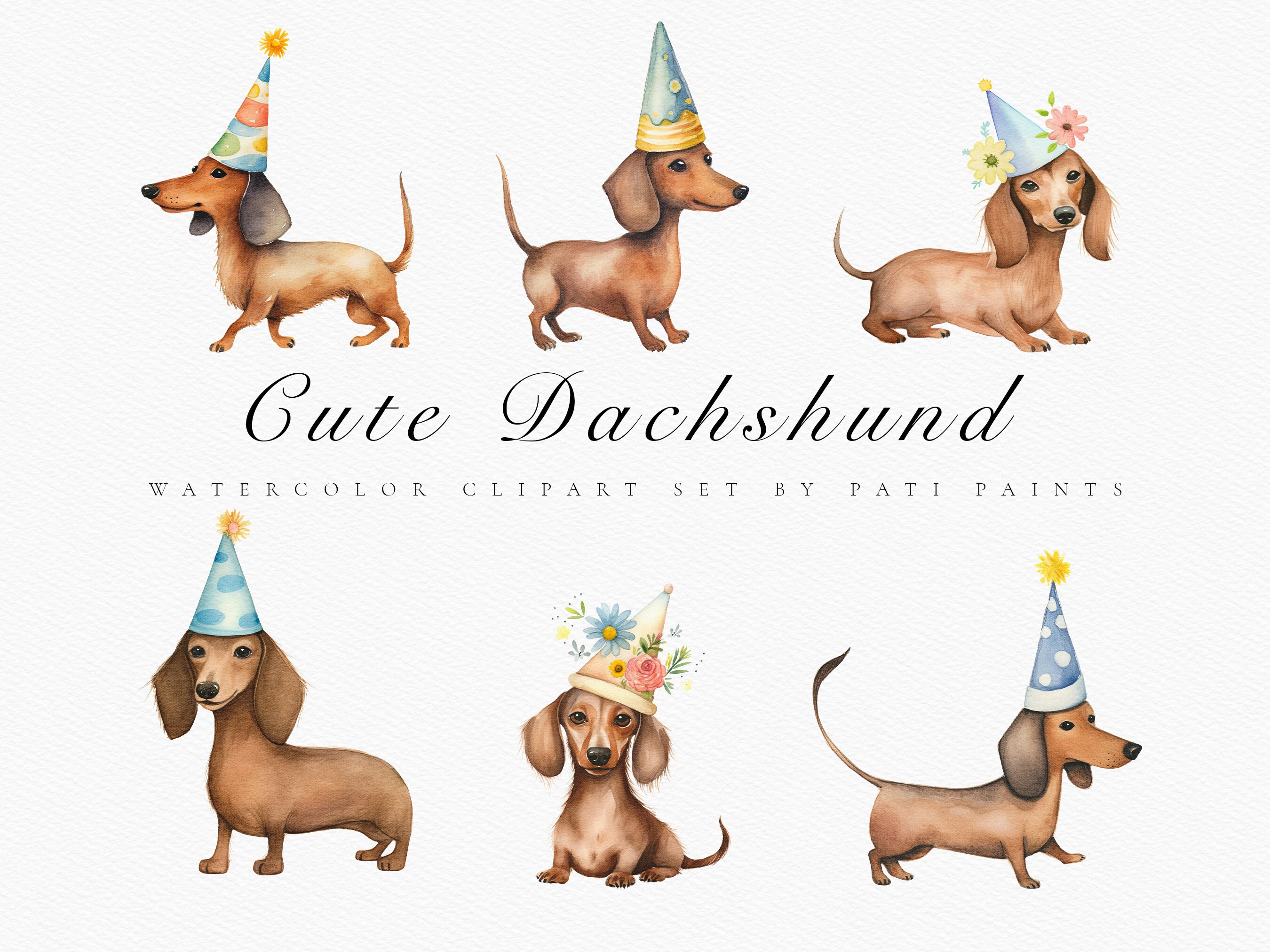 Cute Dachshund Clipart Bundle Happy Birthday Clipart Watercolor Dogs ...