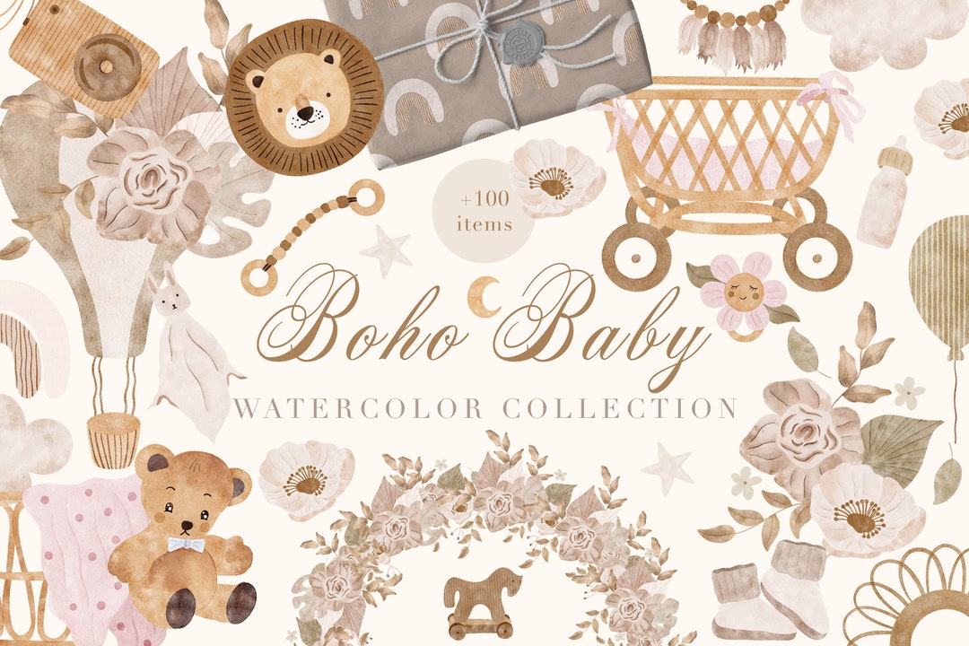 Boho Baby Watercolor Collection - Boho Baby Shower Invitation Clipart ...